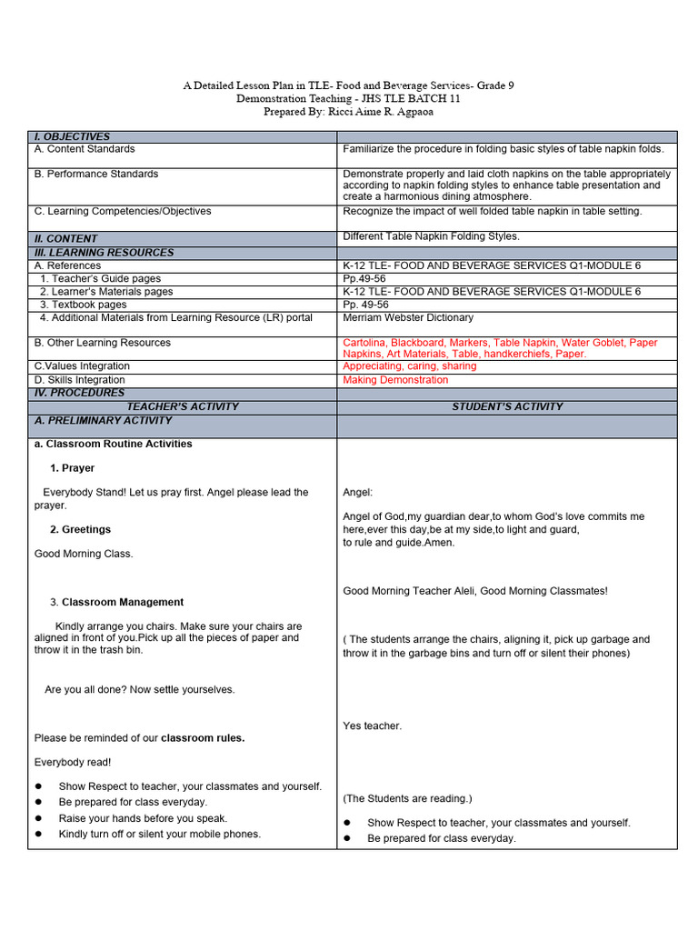 DLP-TLE - FBS-Napkin Folding | PDF