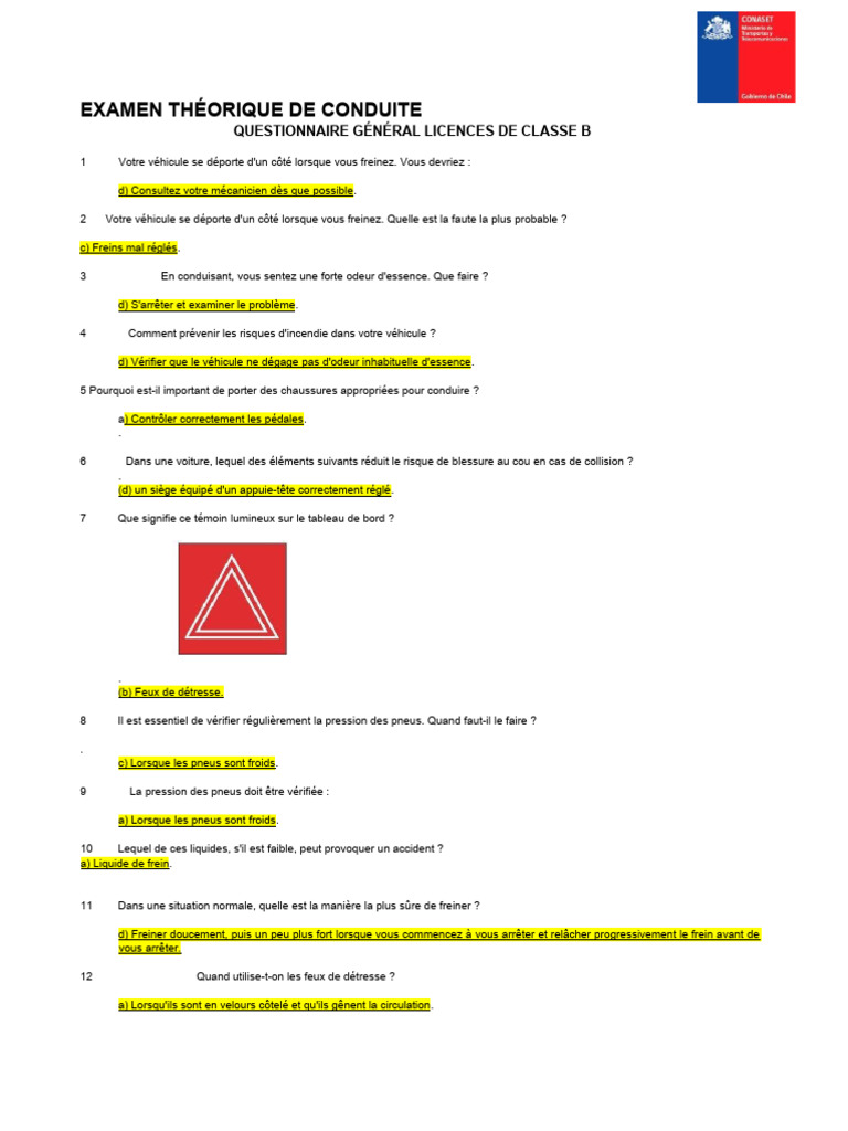 Examen Théorique Conduite Classe B | PDF | Feu de circulation | Frein