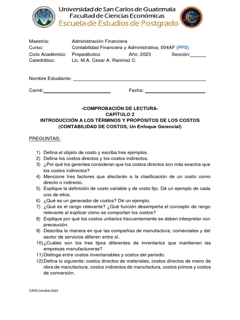 Comprobación Lectura, Cap. 2, CONTAB. COSTOS, Enfoque Gerencial | PDF
