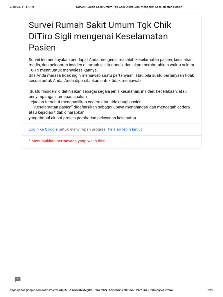 Survei Rumah Sakit Umum TGK Chik DiTiro Sigli Mengenai Keselamatan Pasien | PDF