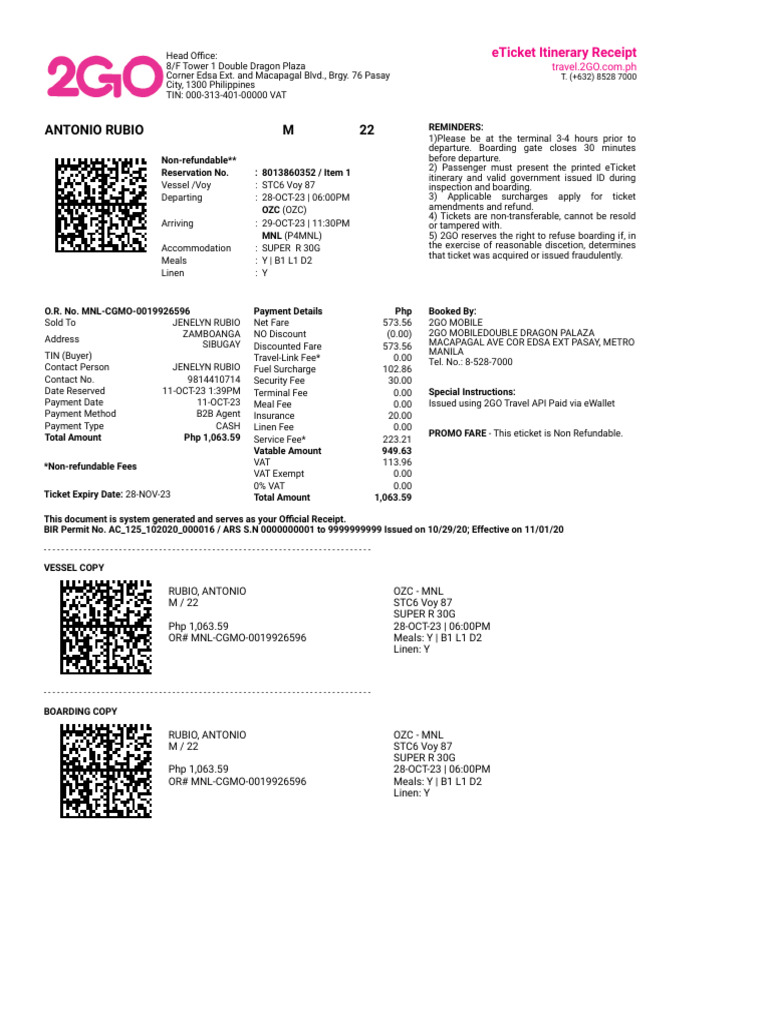 2GO Travel - Itinerary Receipt | PDF