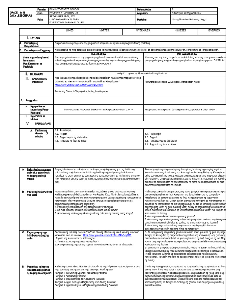 DLL Q1 Esp 9 Week 5 | PDF