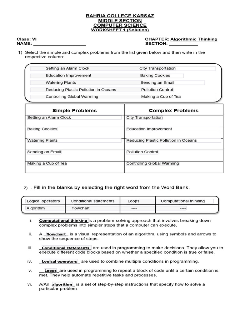 (Solution) VI-Worksheet 1-Chapter 4-Algorithmic Thinking | PDF | Algorithms | Computer Programming