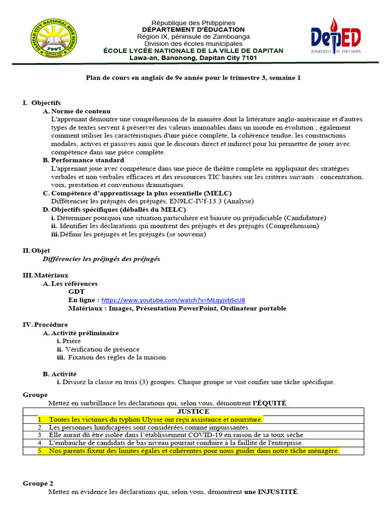 Plan de Cours en Anglais de 9e Année Pour Le Troisième Trimestre | PDF ...