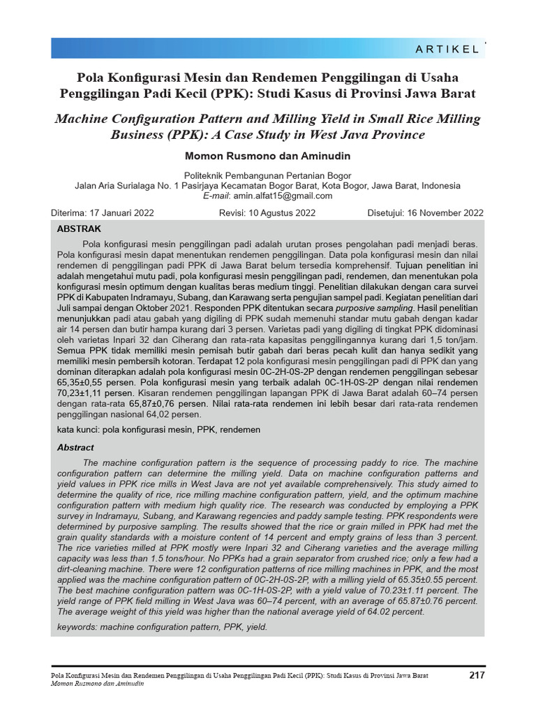 Pola Konfigurasi Mesin Dan Rendemen Penggilingan D | PDF