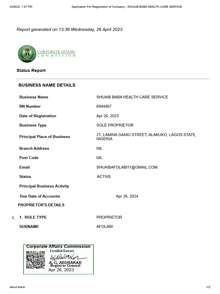 Application For Registration of Company - SHUAIB BABA HEALTH CARE ... Application For Registration of Company - SHUAIB BABA HEALTH CARE ...