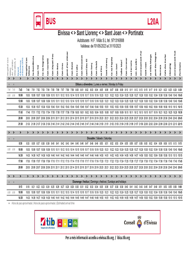 Ibiza Bus Timetable L20A 2023 | PDF