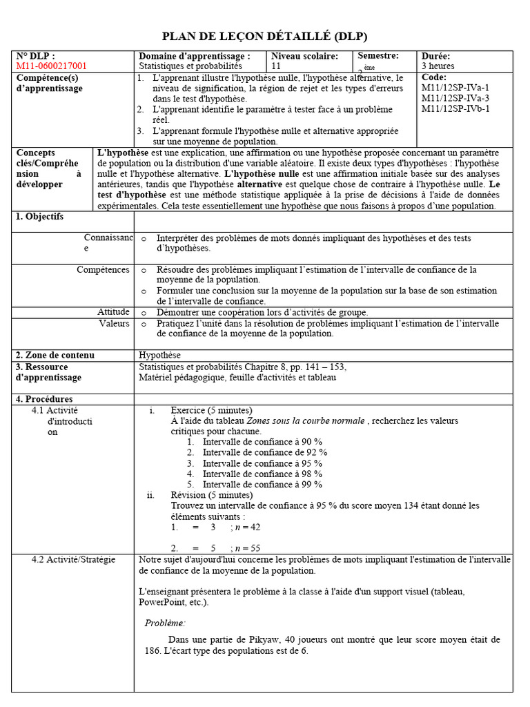 PLAN DE LEÇON DÉTAILLÉ | PDF