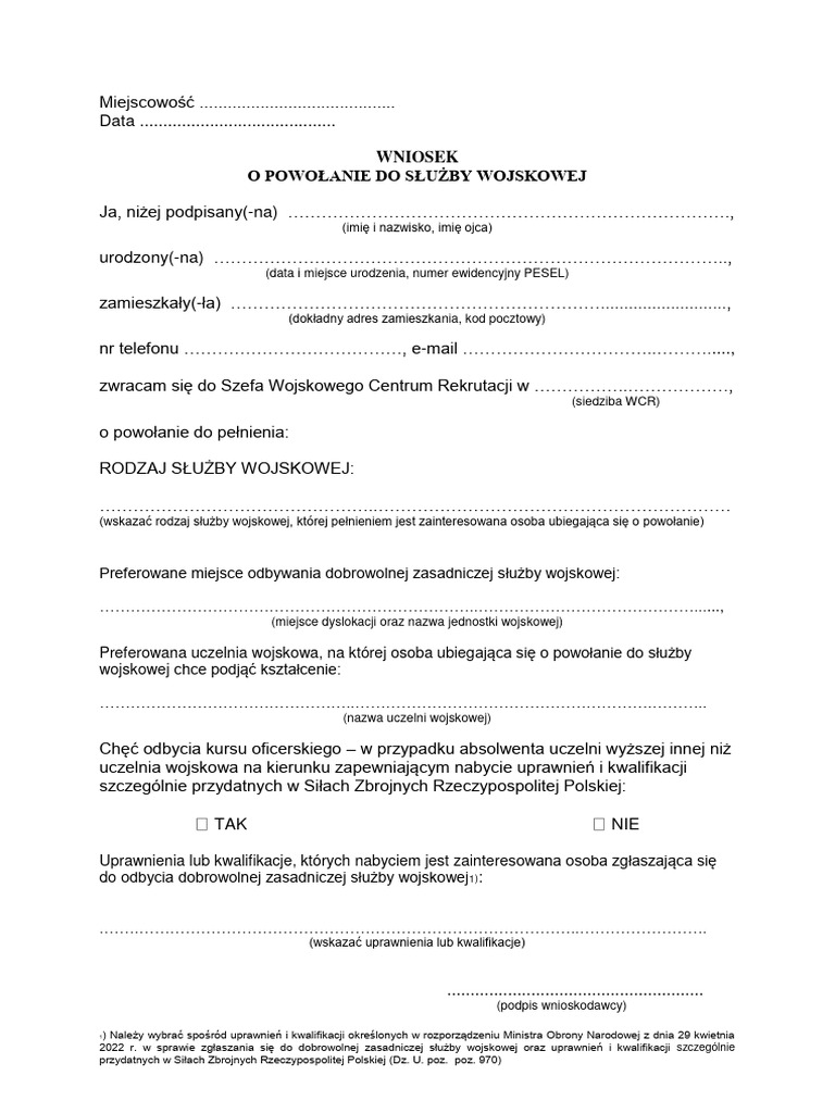 01.wniosek o Powolanie Do Sluzby Wojskowej | PDF