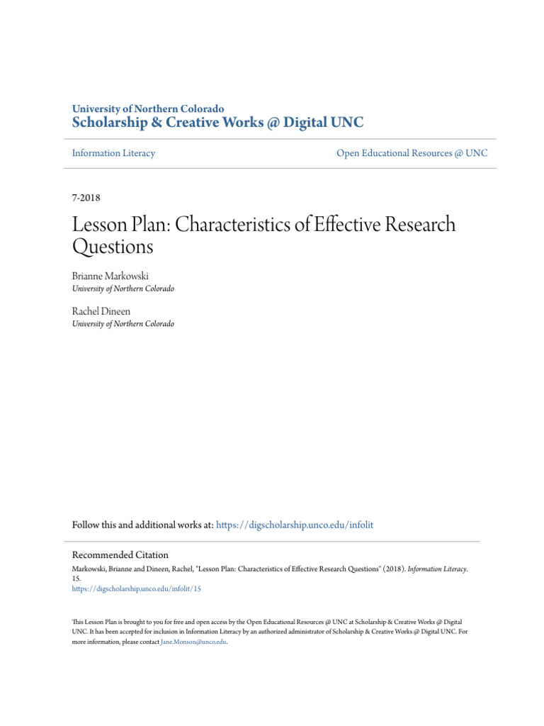 Lesson Plan - Characteristics of Effective Research Questions | PDF | Question | Information ...
