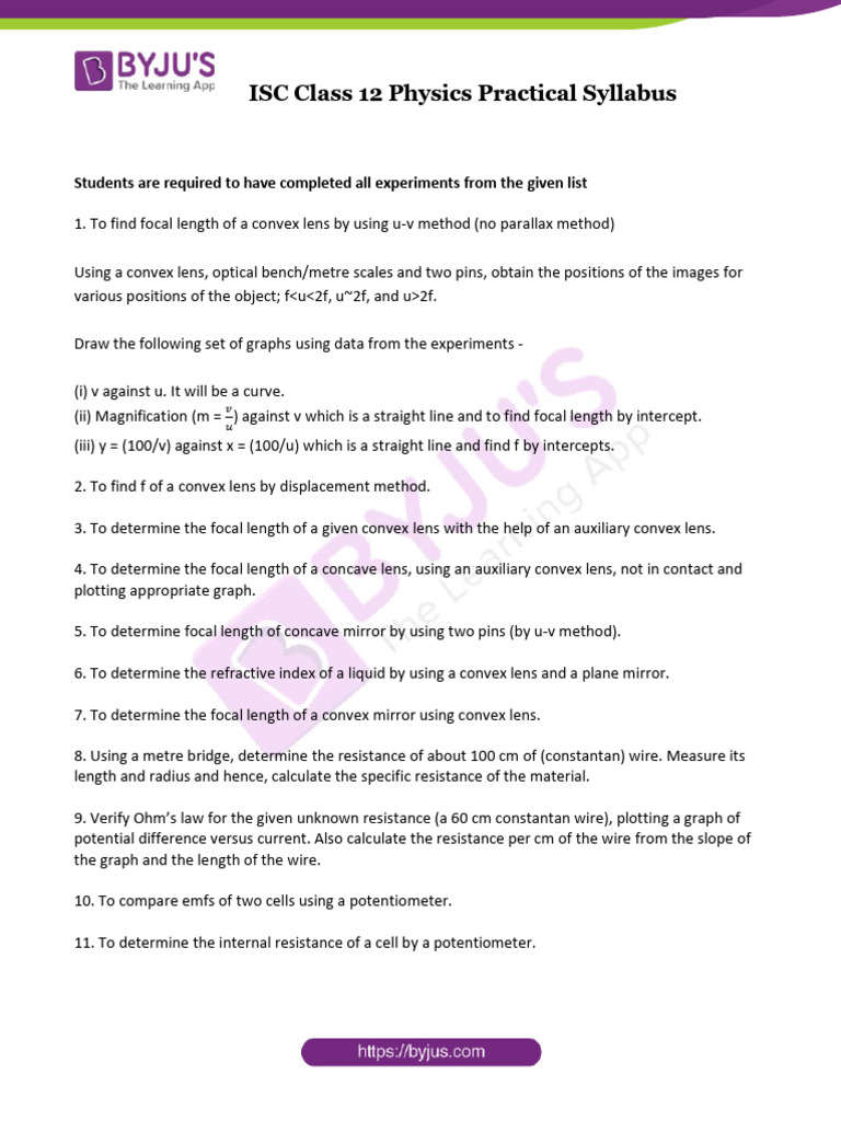 ISC Class 12 Physics Practical Syllabus | PDF | Science & Mathematics