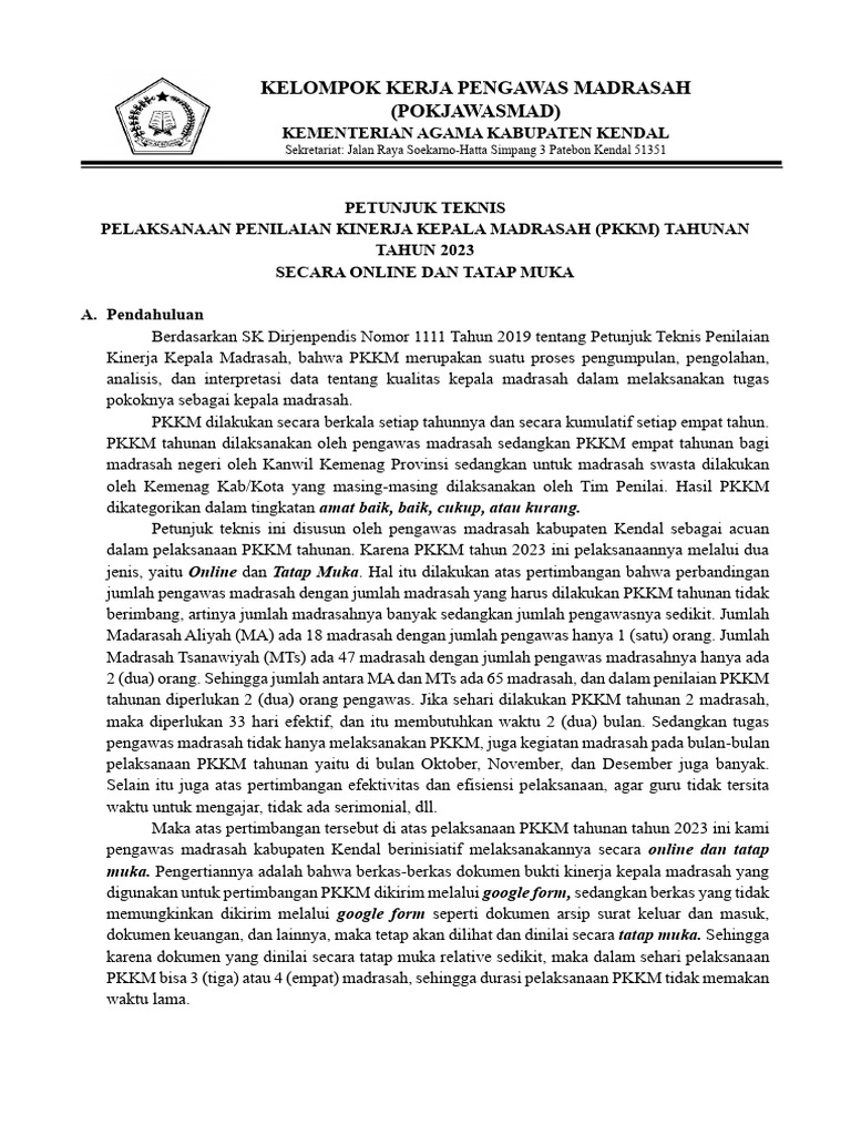 Juknis PKKM Madrasah 2023 Online dan Tatap Muka | PDF