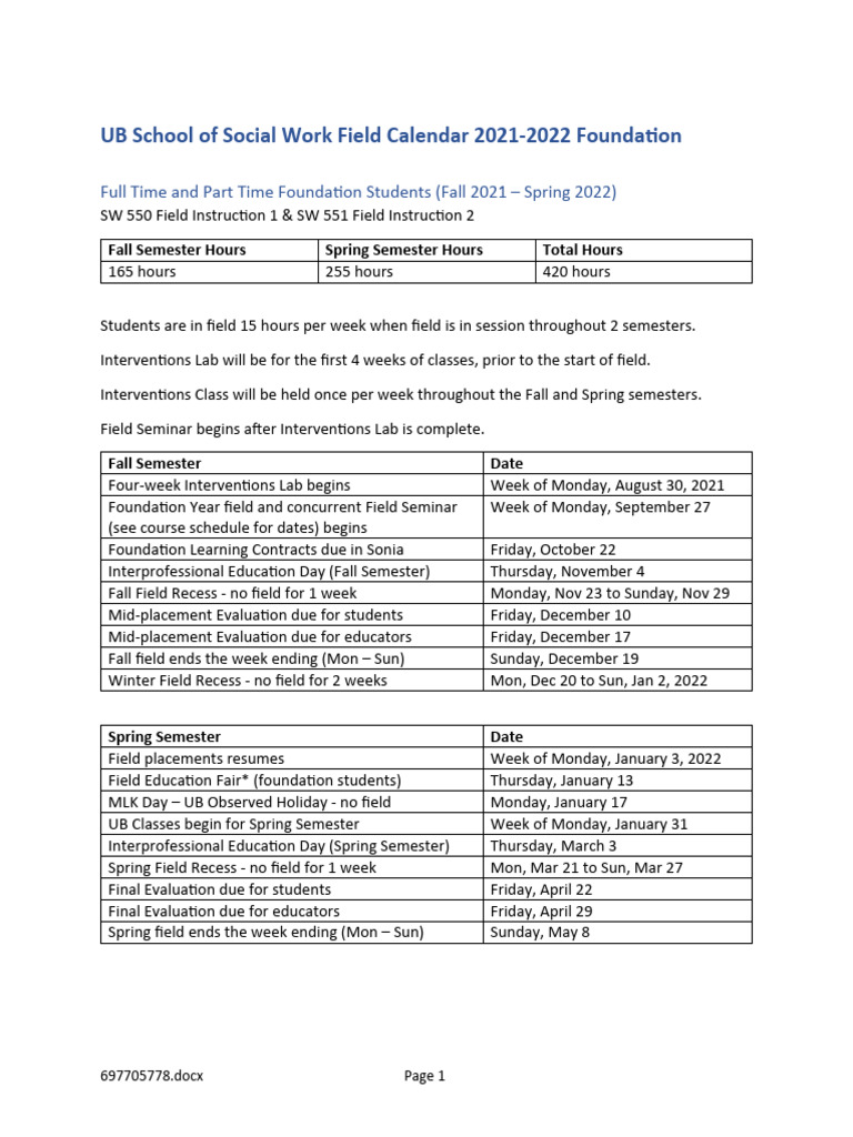 UB Social Work Field Calendar 2021-22 | PDF
