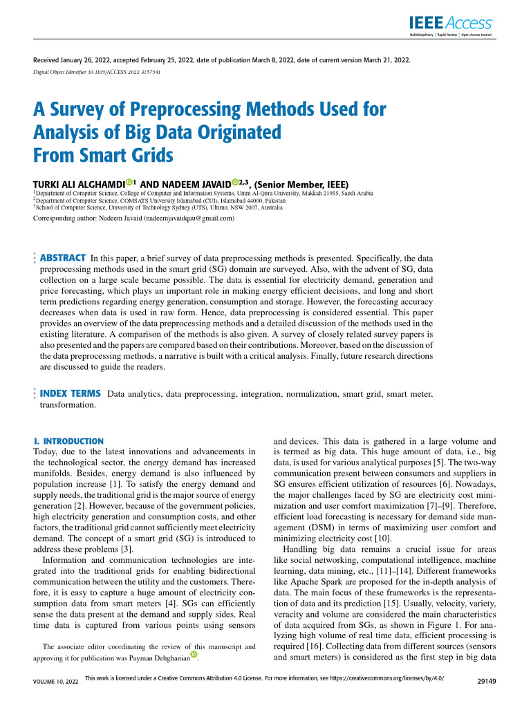 A Survey of Preprocessing Methods Used For Analysis of Big Data Originated From Smart Grids | PDF