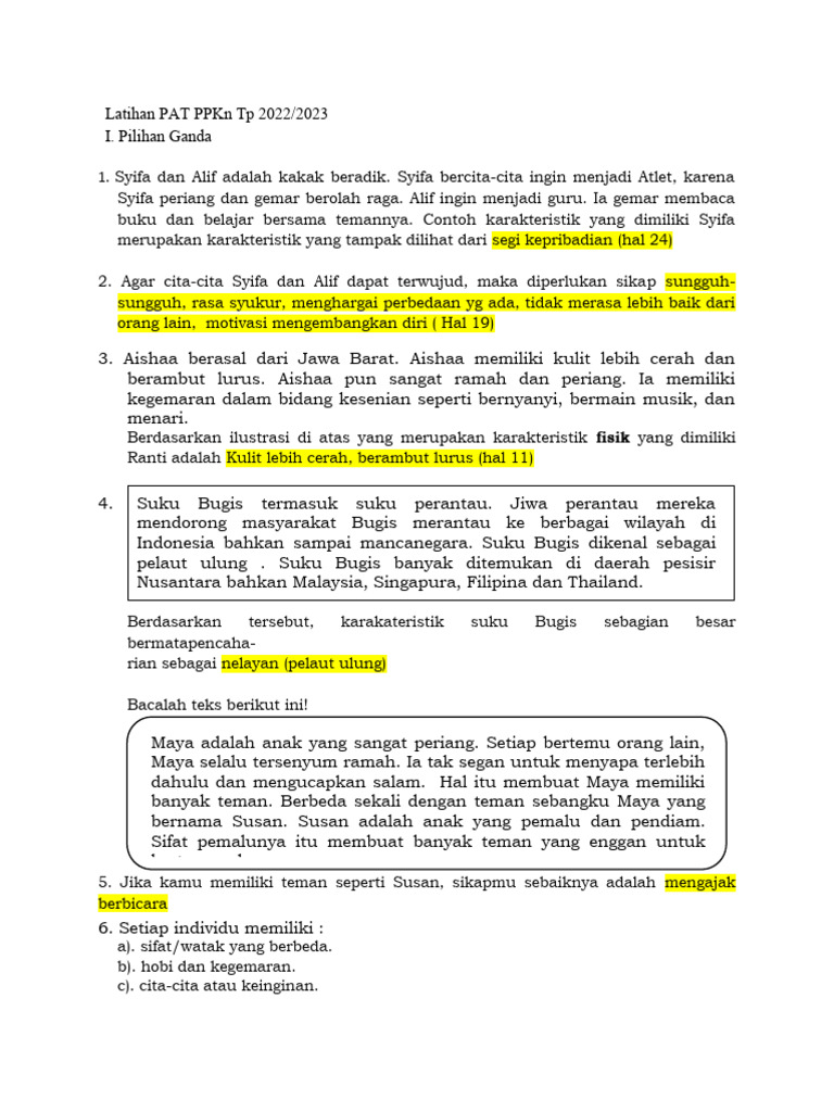 Latihan PAT PPKN TP 2022 | PDF
