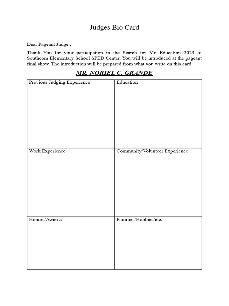 Pageant Judge Bio Card Template | PDF