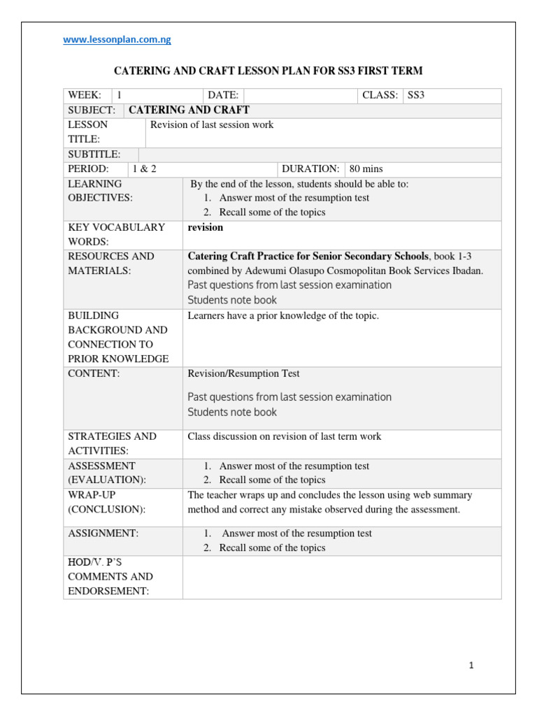 Catering and Craft Lesson Plan PDF | Download Free PDF | Adolescence ...