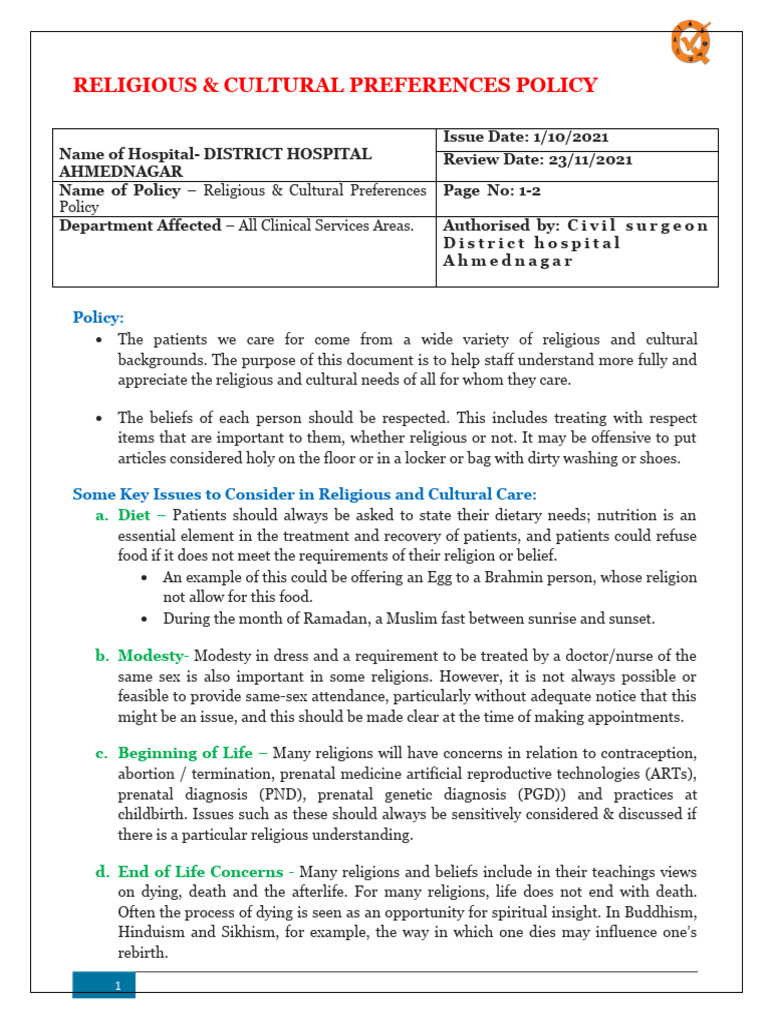 Religious & Cultural Preferences Policy DH Ahmednagar | PDF | Death ...