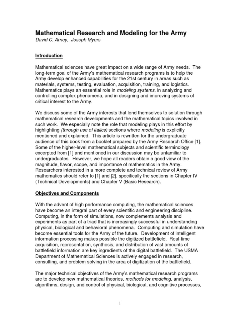 Mathematical Research and Modeling For The Army: David C. Arney, Joseph ...