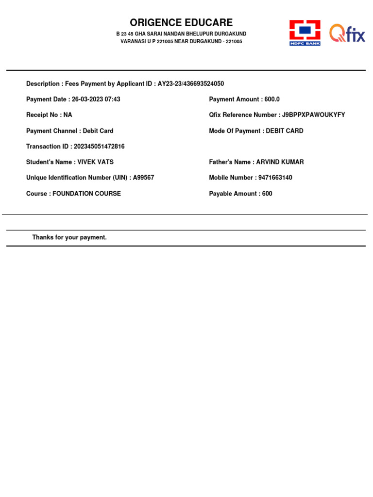 Fee Receipt for Foundation Course | PDF