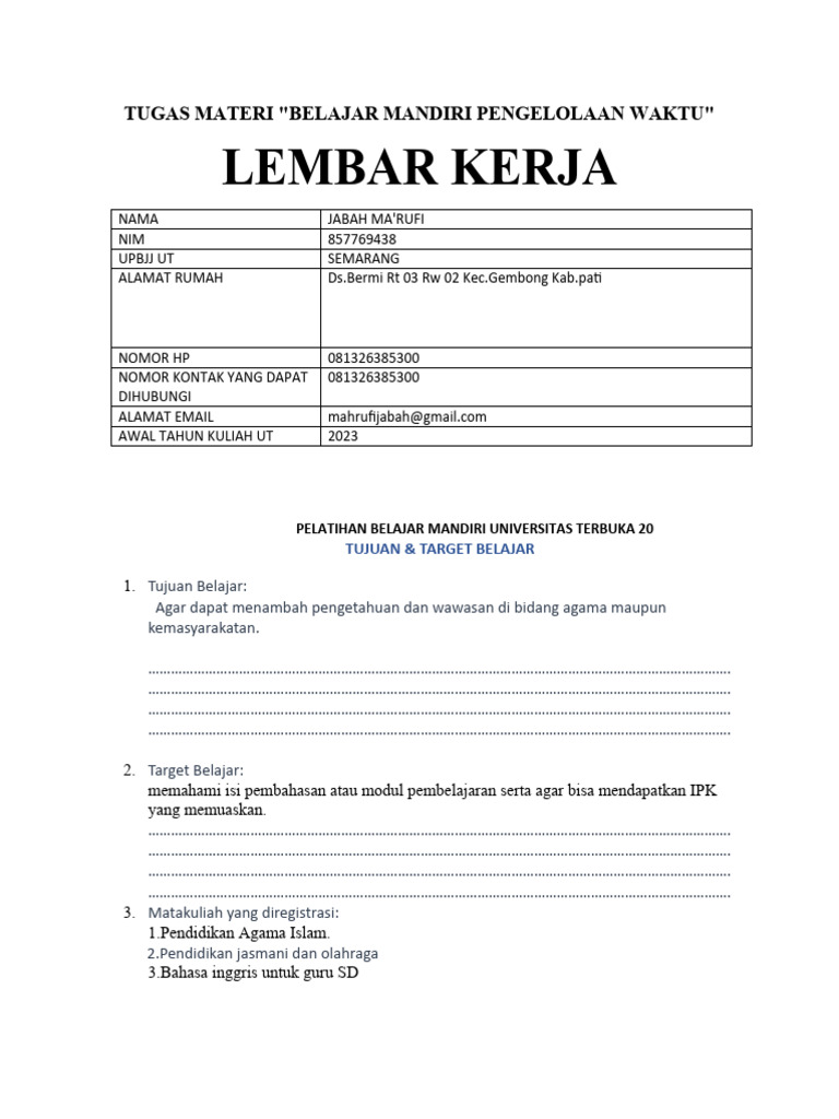 PKBJJ - Lembar Kerja Mengelola Waktu - 2022 Jabah Ma'Rufi | PDF