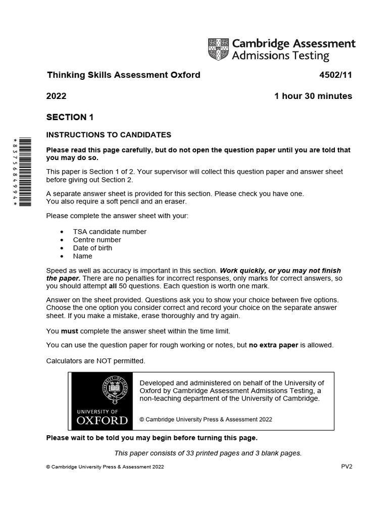 TSA - Section 1 of 2 - TZ1 - Question Paper | PDF | Extraversion And ...