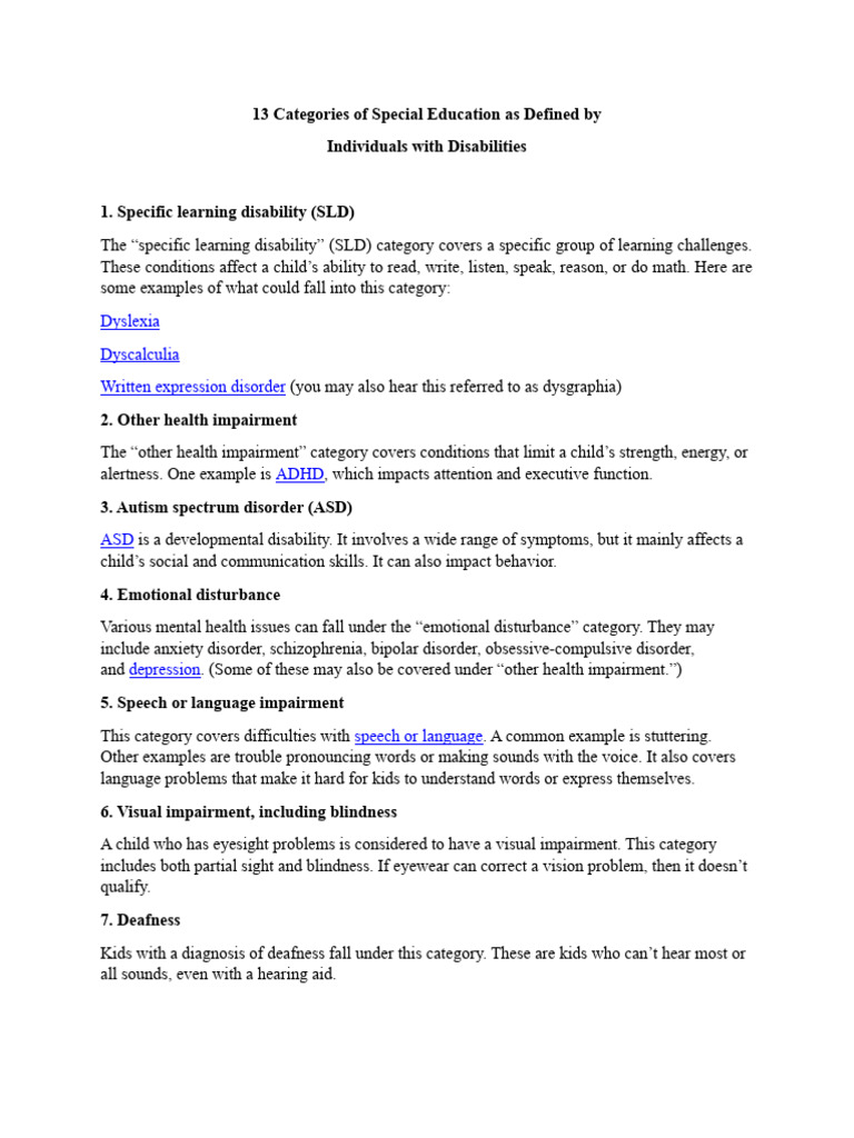 13 Categories of Special Education As Defined by | PDF