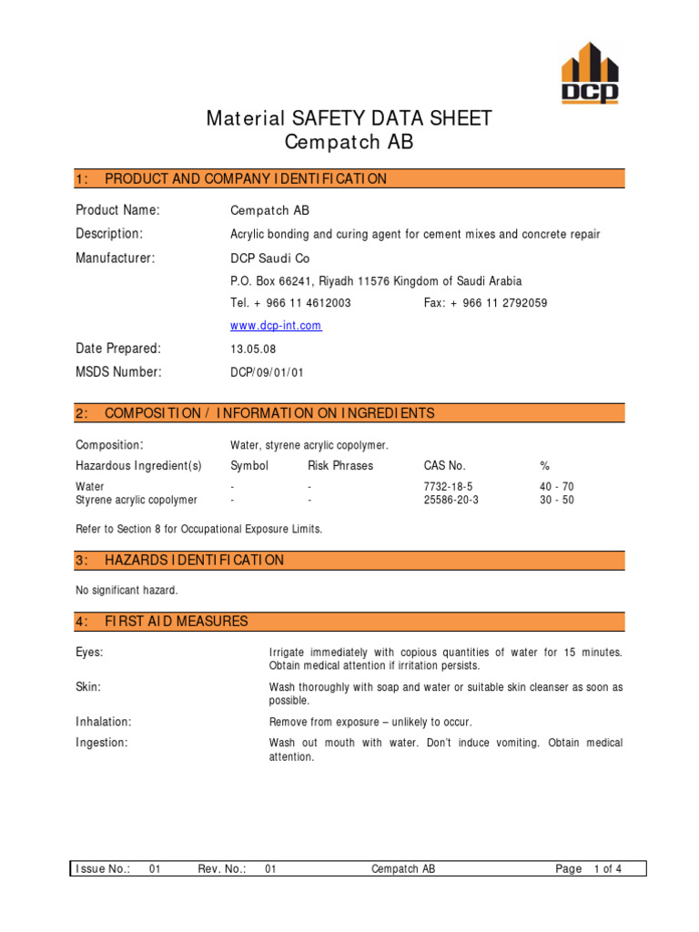 Cempatch AB - MSDS | PDF | Toxicity | Water