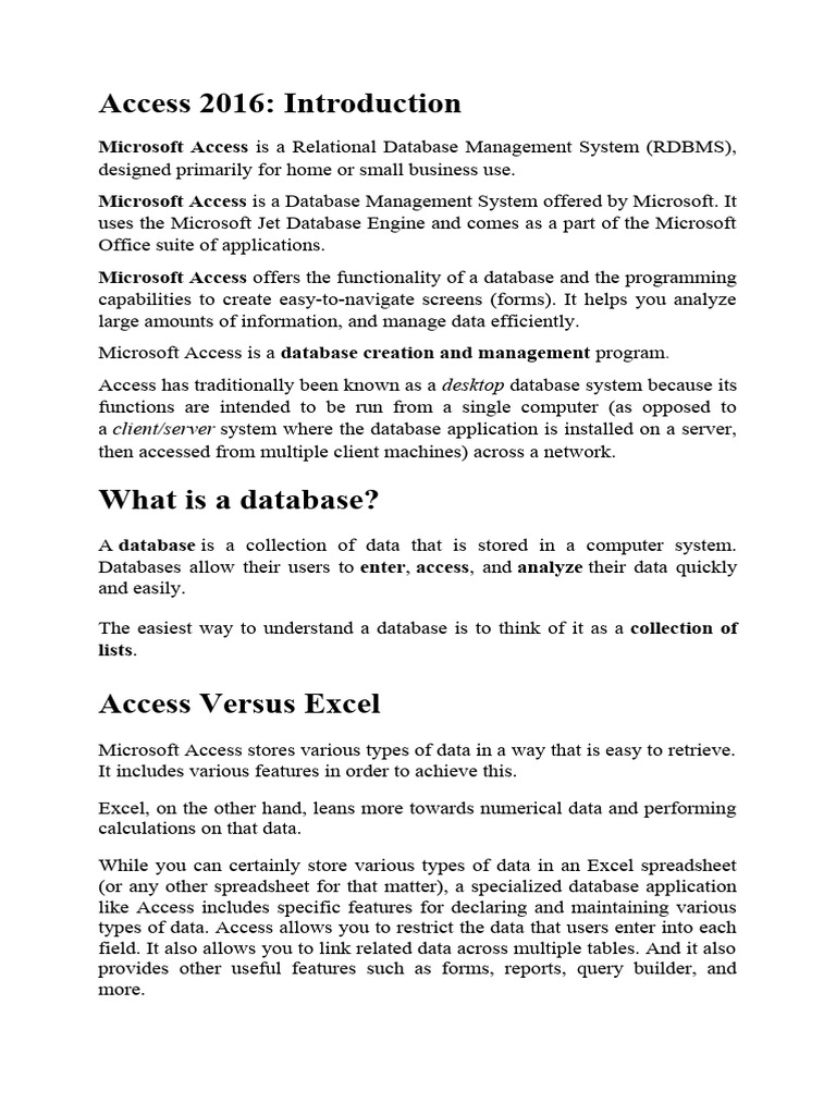 Introduction To Access 2016 Pdf Microsoft Access Databases