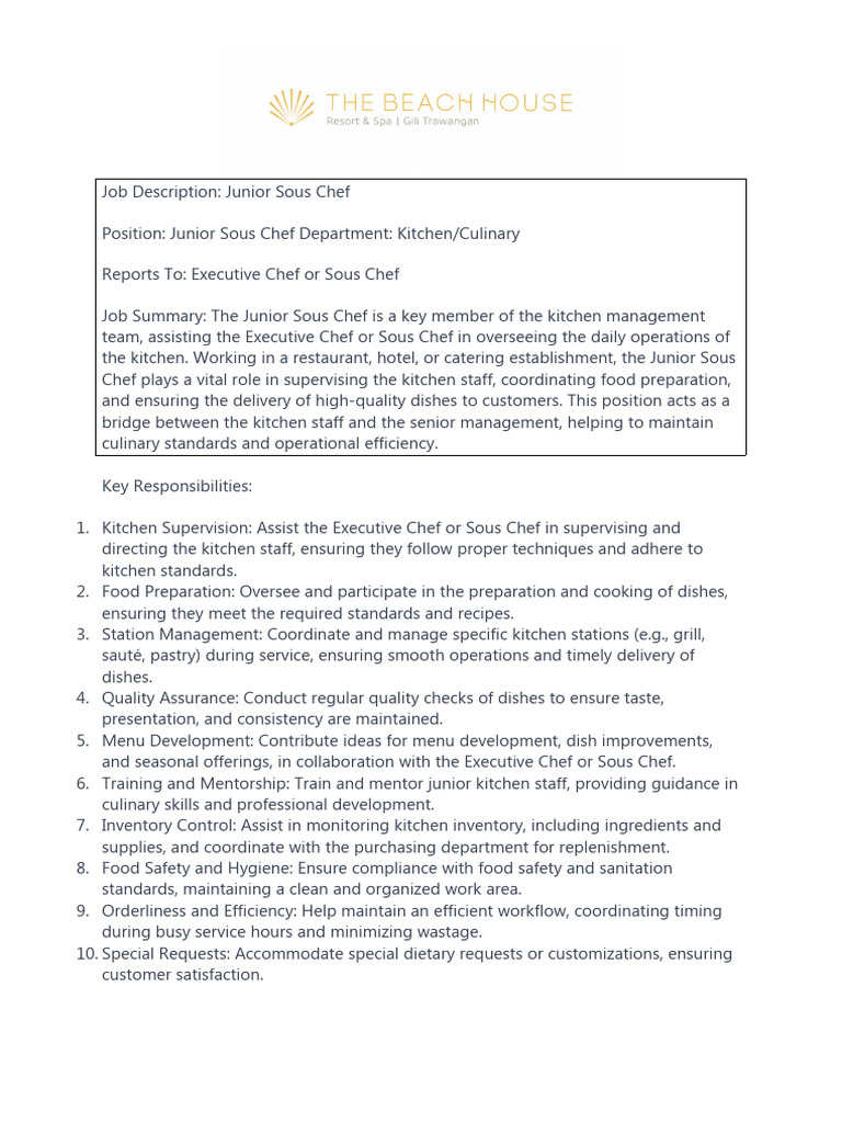 Job Description Junior Sous Chef | PDF