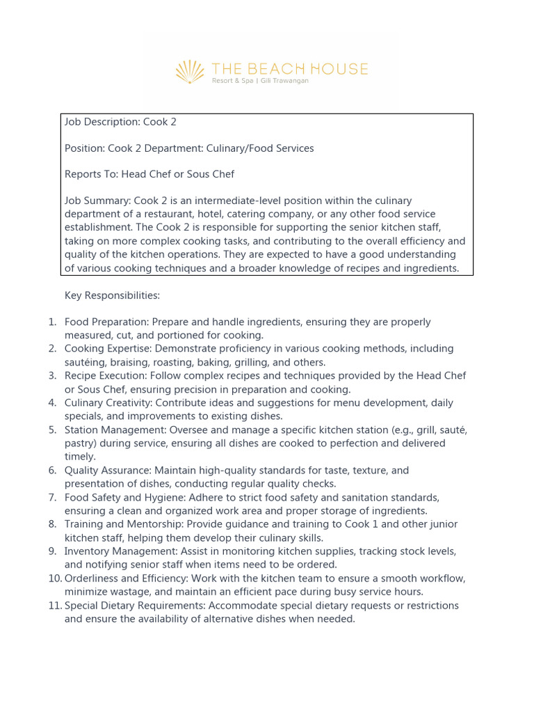 Job Description Cook II | PDF | Chef | Cooking