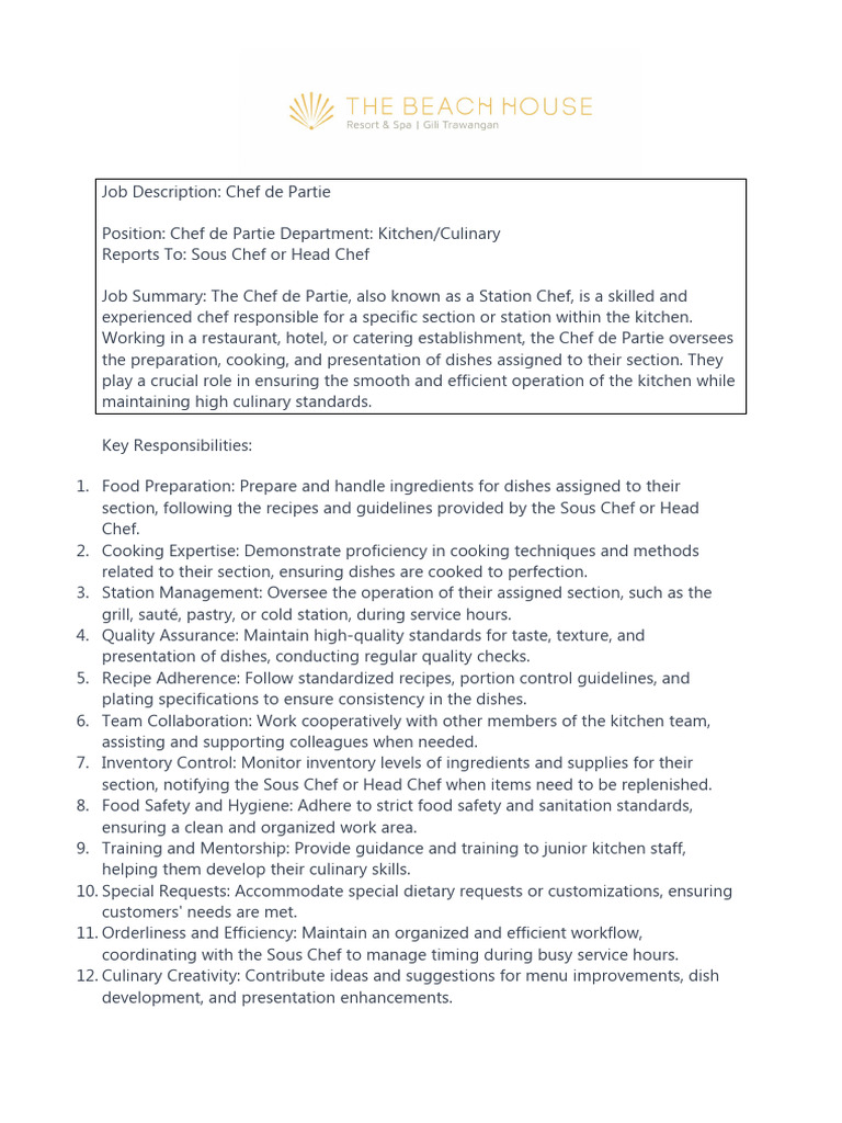 Chef de Partie Job Description | PDF | Chef | Kitchen