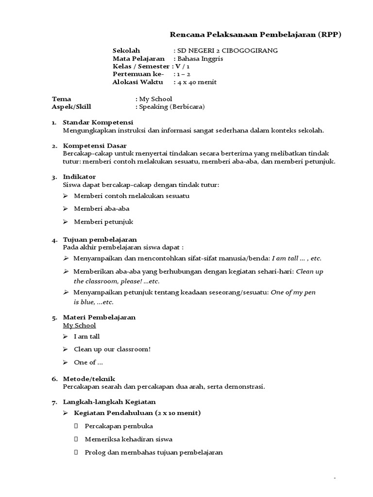 RPP Bahasa Inggris SD Kelas 5 | PDF