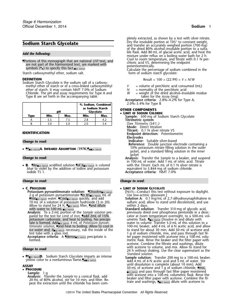 Sodium Starch Glycolate USP Monograph | PDF | Titration | Chemistry