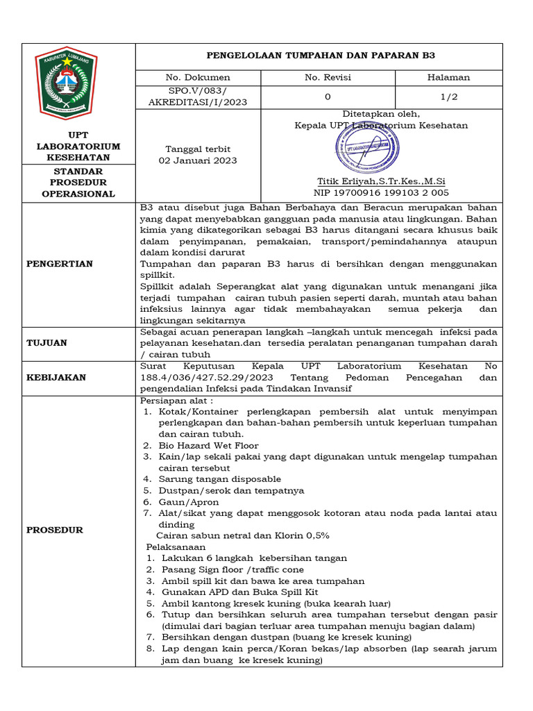 Spo Pengelolaan Tumpahan Dan Paparan B3 | PDF | Sains & Matematika