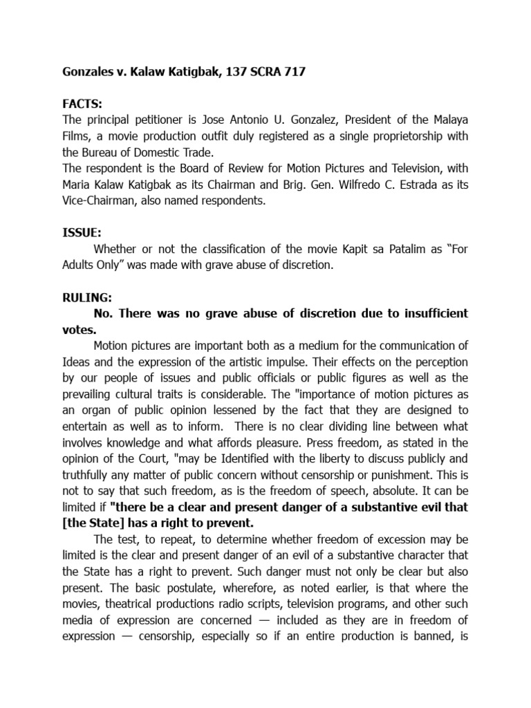 Gonzales v. Kalaw Katigbak, 137 SCRA 717 | PDF | Obscenity | Freedom Of Speech