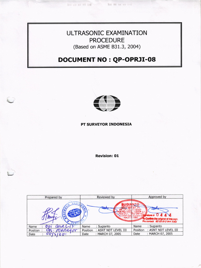 2-QPOPRJI08-ULTRASONIC EXAMINATION PROCEDURE (Based On ASME B31.3, 2004 ...