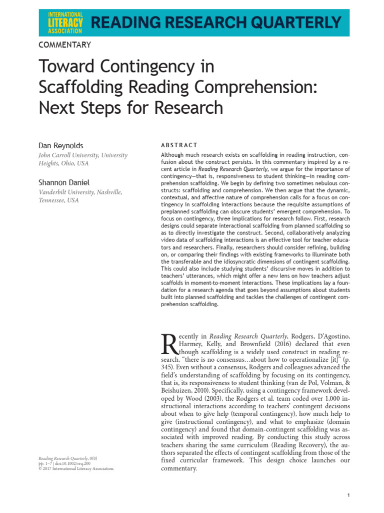Toward Contingency in Scaffolding Reading Comprehension Next Steps For ... Toward Contingency in Scaffolding Reading Comprehension Next Steps For ...