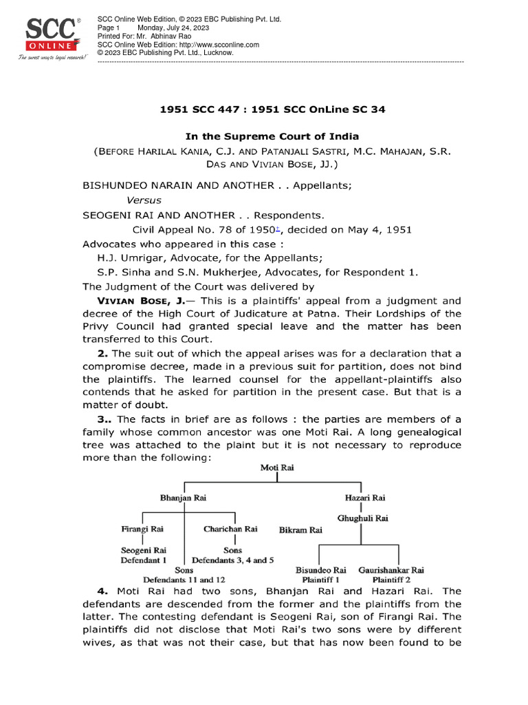 Bishundeo Narain Vs Seogeni Rai, 1951 SCC OnLine SC 34 | PDF