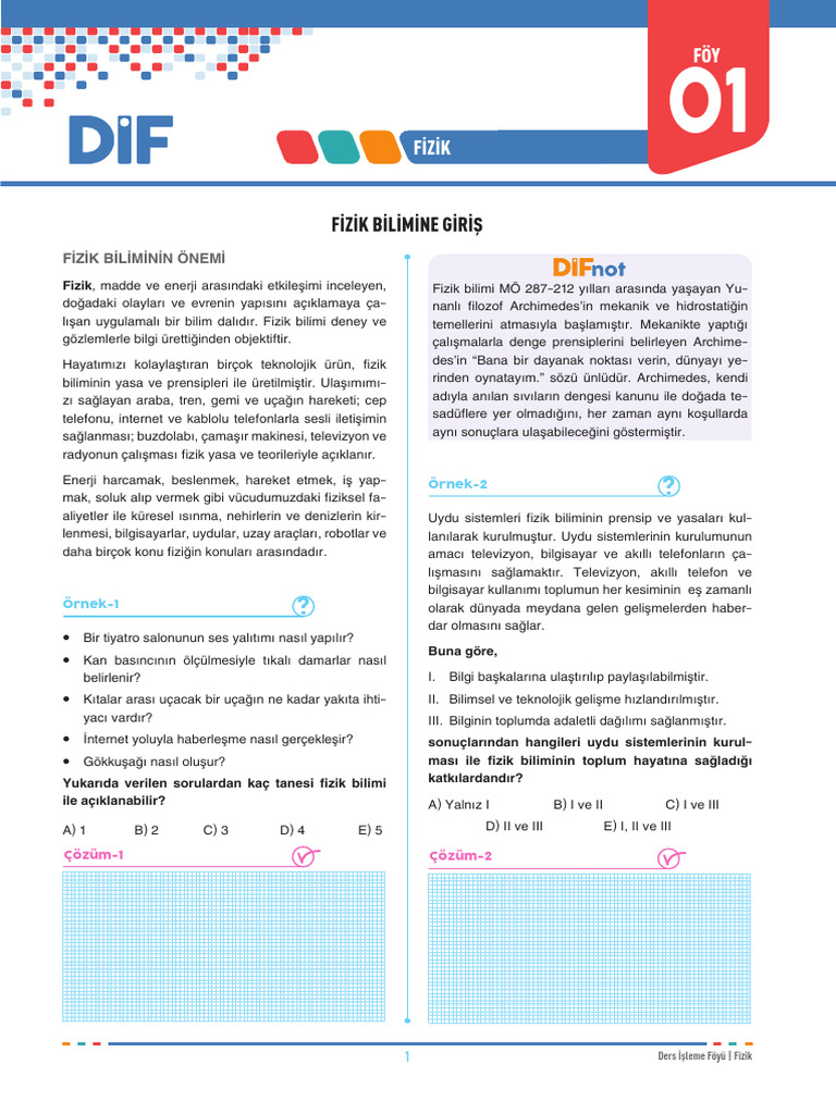 TYT Fizik - DİF - FÖY 1 - Ornek | PDF