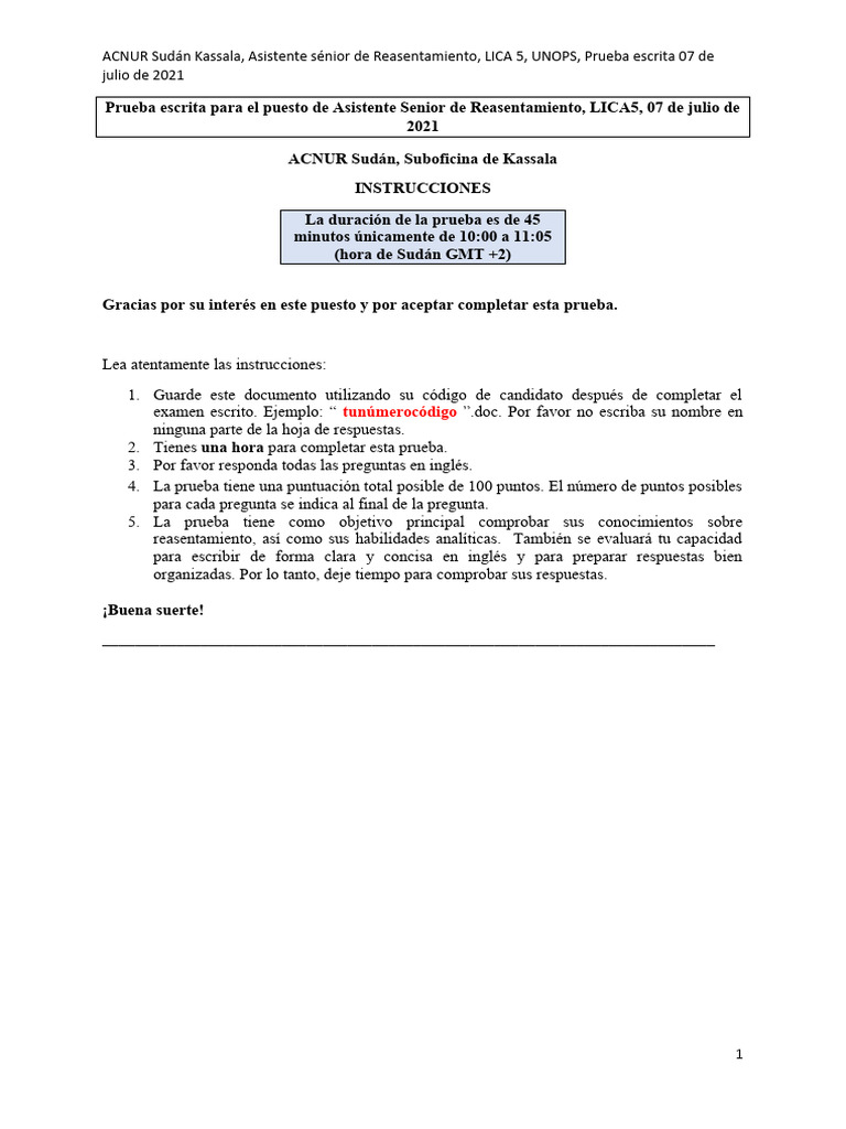 Prueba Escrita Oficial Asociado de Reasentamiento Identificación de Caso - SOK-ICA-01 | PDF ...