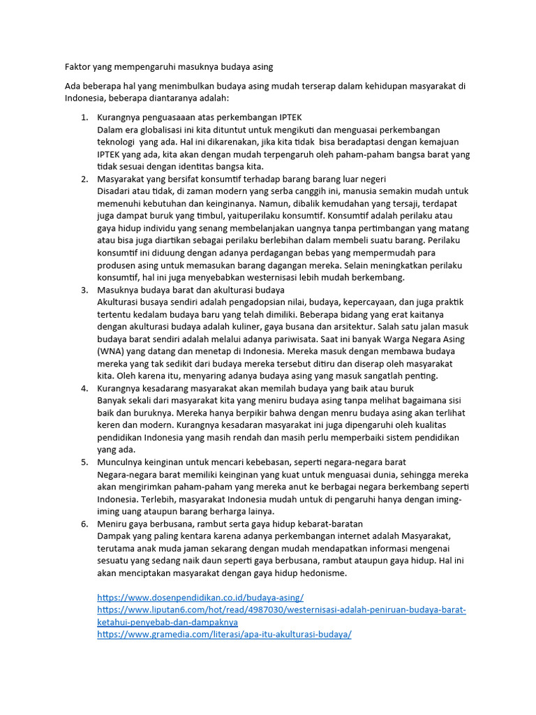 Faktor Yang Mempengaruhi Masuknya Budaya Asing | PDF