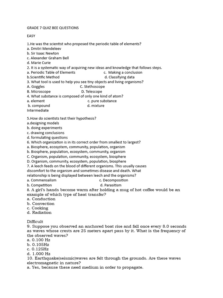 Grade 7 Quiz Bee Questions | Download Free PDF | Electric Charge ...