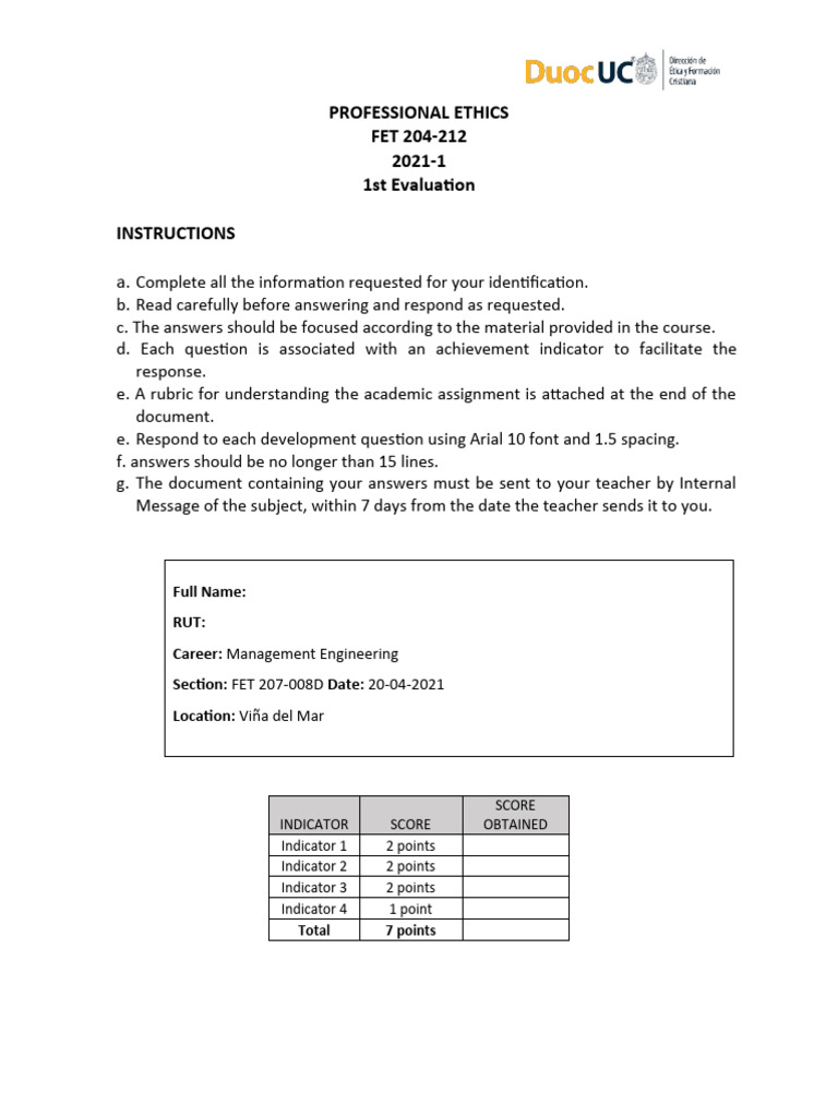 Assignment 1 Professional Ethics Duoc UC | PDF