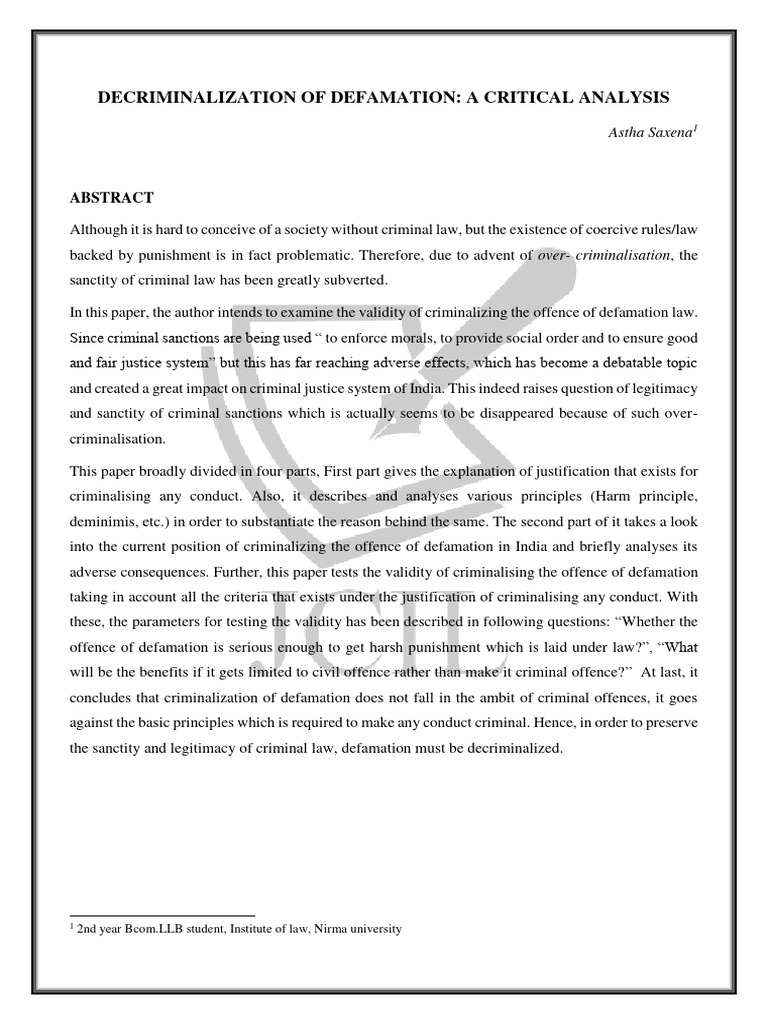 Decriminalization of Defamation Astha Saxena | Download Free PDF ...