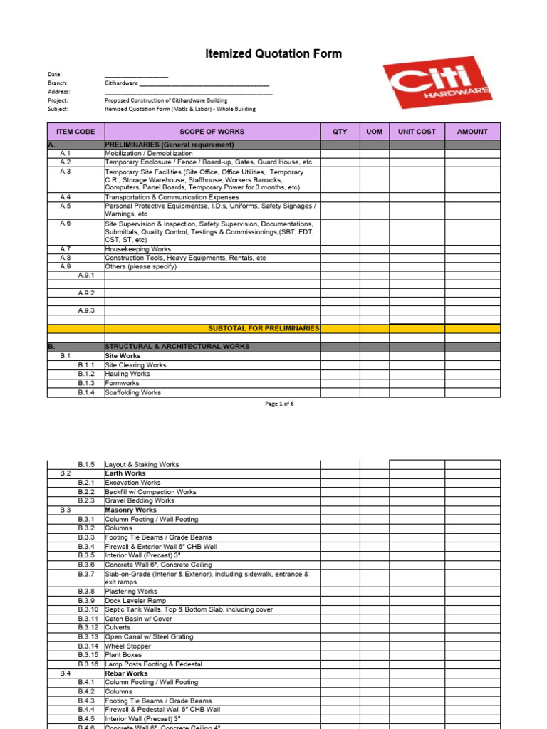 Itemized Quotation Form for Construction of Citihardware Bancasi 10.7. ...