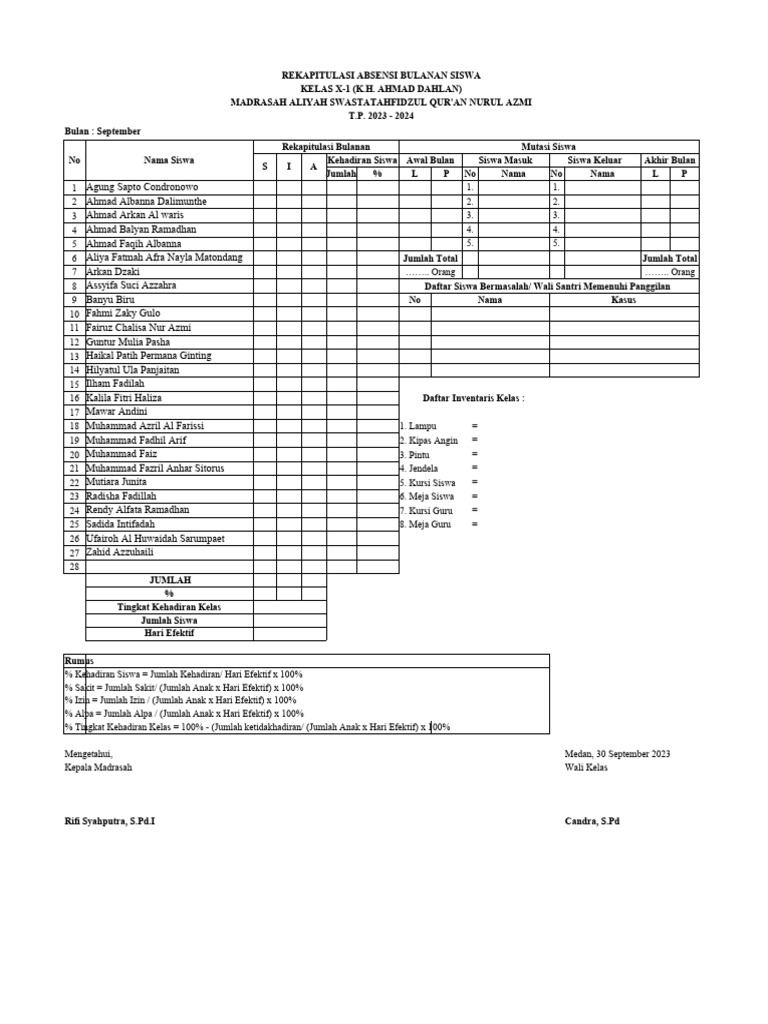 Rekapitulasi Absensi Tahun Pelajaran 2023 2024-1 | PDF