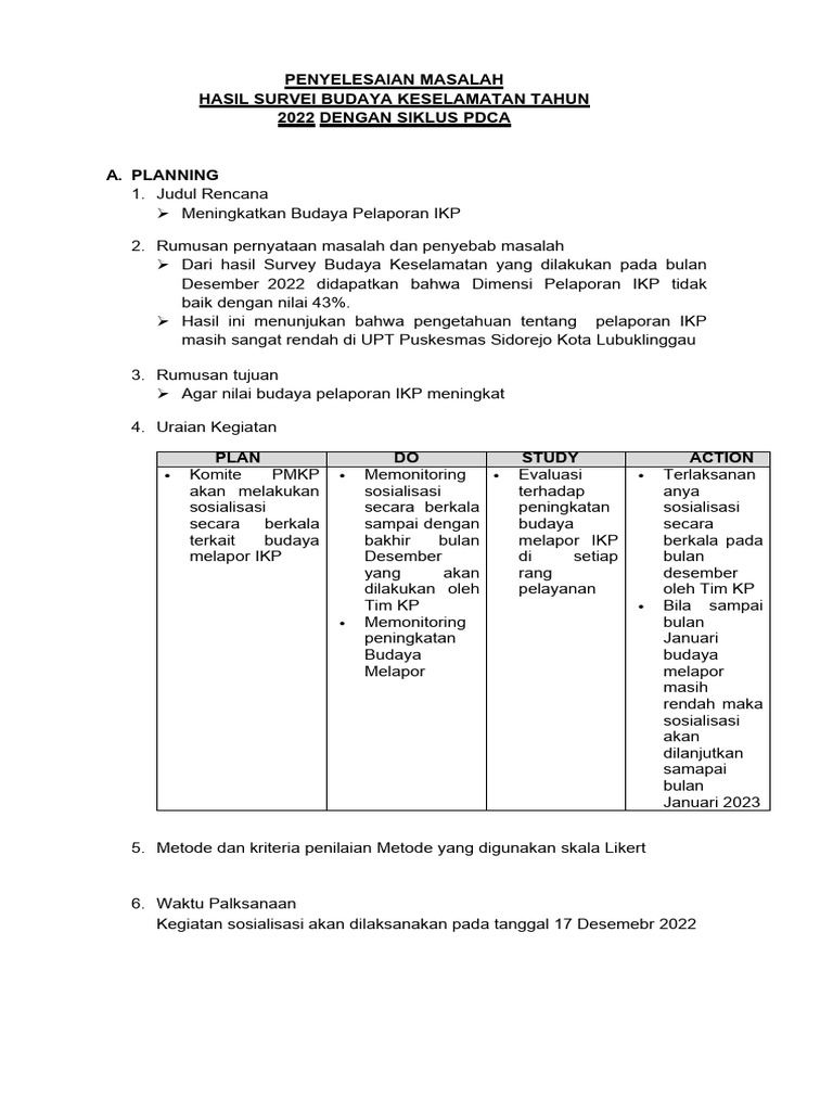 FORM PDCA SURVEI BUDAYA KESELAMATN DAN TINDAK LANJUT (1) | PDF
