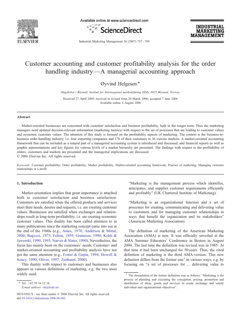 Customer Accounting and Customer Profitability Analysis For The Order ...