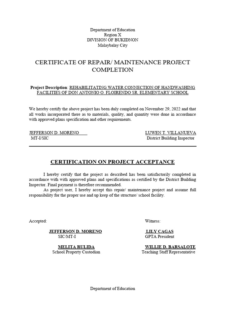 Certificate of Repair Completion | PDF